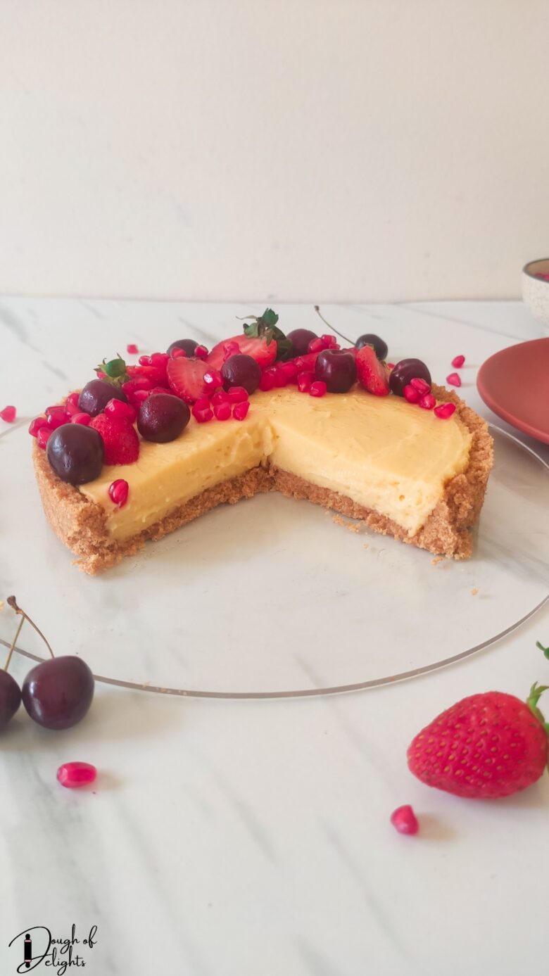 Vanilla Custard Fruit Tart (No-Bake, Biscuit Crust) - DOUGH OF DELIGHTS