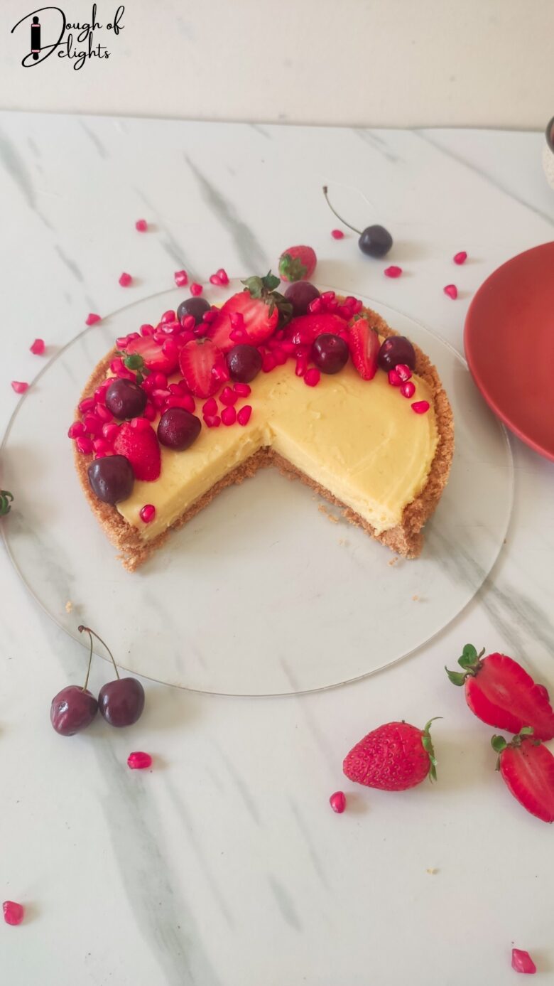 Vanilla Custard Fruit Tart (No-Bake, Biscuit Crust) - DOUGH OF DELIGHTS